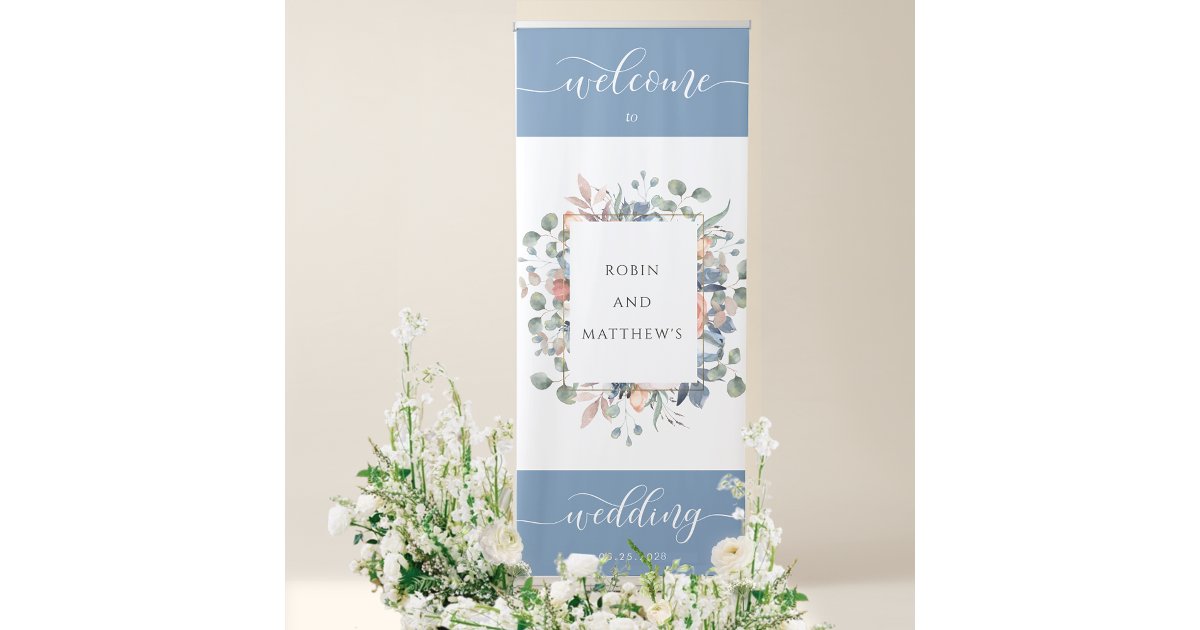 Dusty Blue, Welcome Wedding, Greenery Floral Retractable Banner | Zazzle