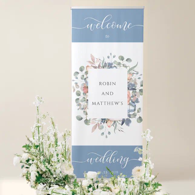 Dusty Blue, Welcome Wedding, Greenery Floral Retractable Banner | Zazzle