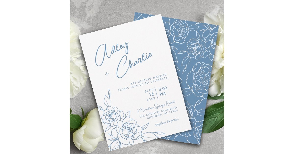 Dusty Blue & White Botanical Line Drawing Wedding Invitation | Zazzle