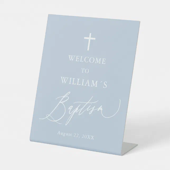 Dusty Blue White Cross Boy Baptism Welcome Sign | Zazzle