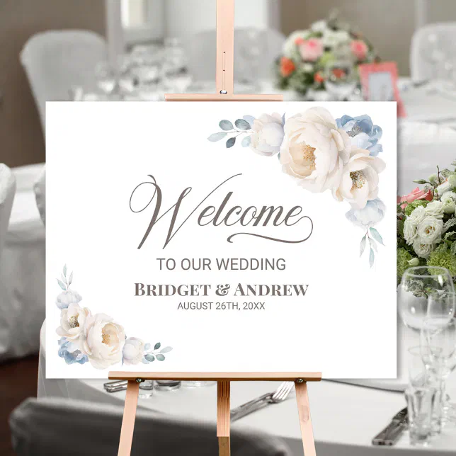 Dusty Blue White Floral Wedding Welcome Sign | Zazzle