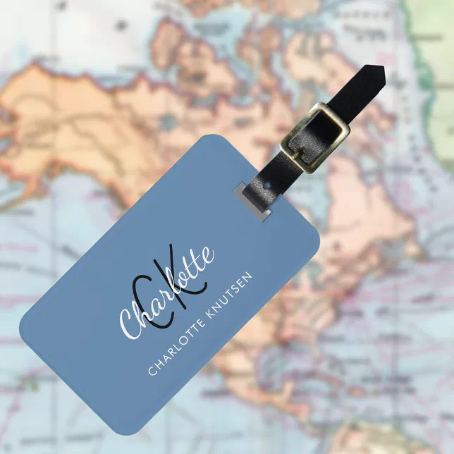 Dusty blue white monogrammed luggage tag | Zazzle