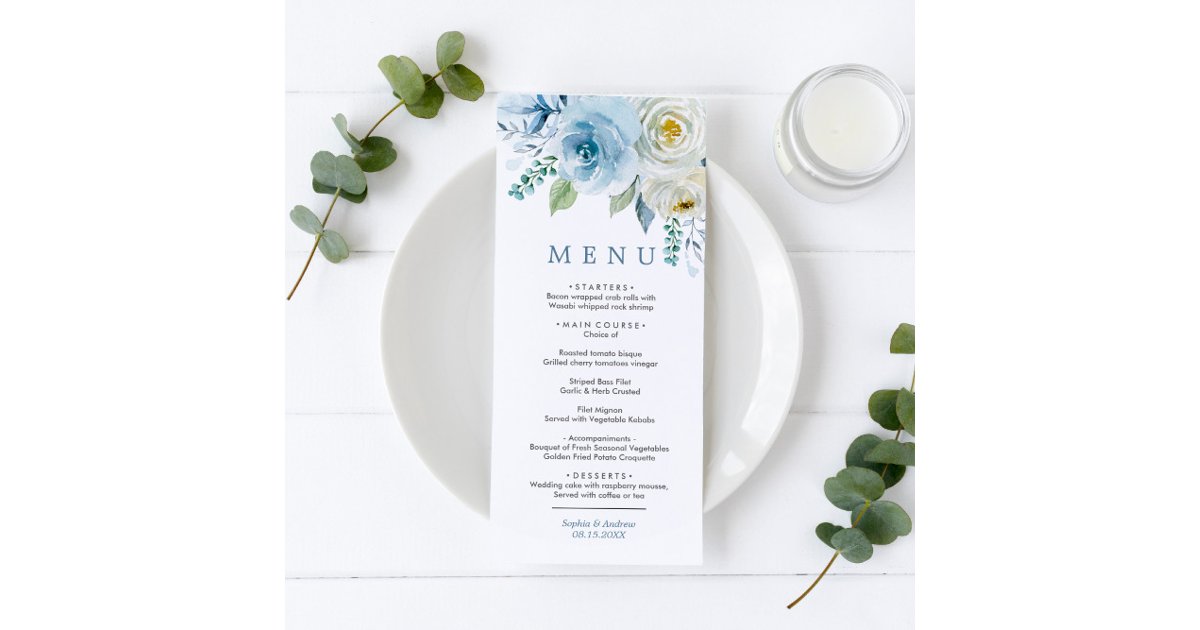 Dusty Blue & White Roses Floral Wedding Menu | Zazzle