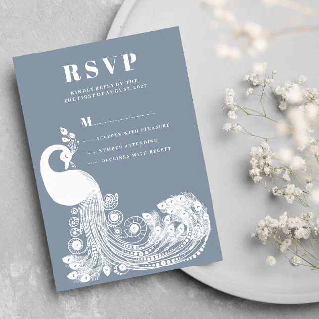 Dusty blue white royal peacock elegant RSVP Invitation | Zazzle