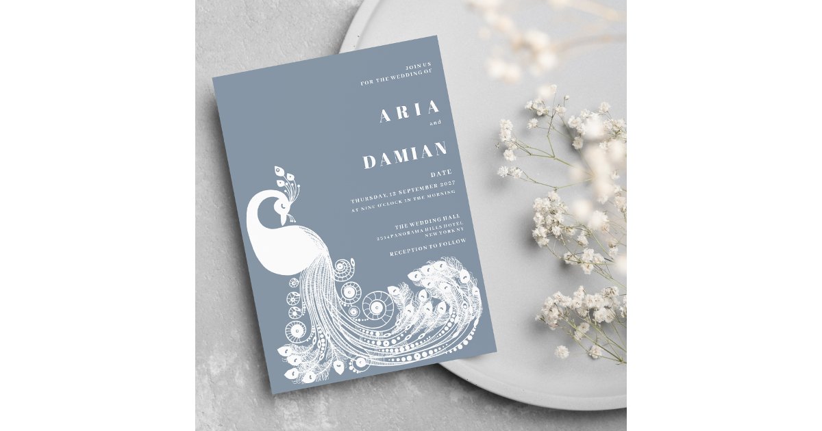 Dusty blue white royal peacock elegant Wedding Invitation | Zazzle
