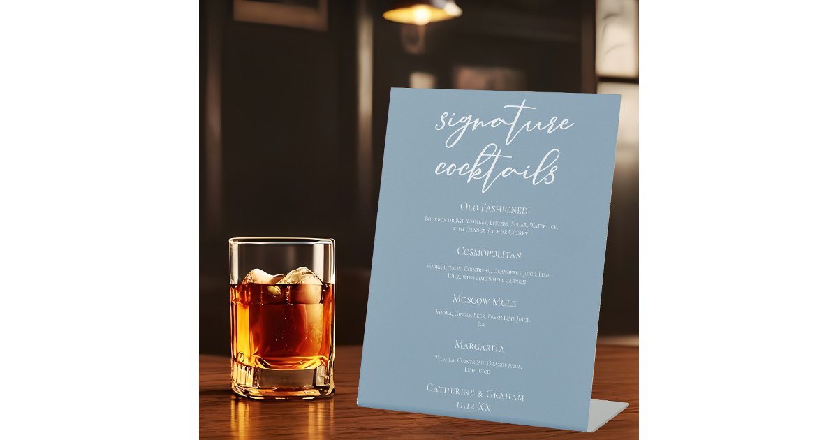 Dusty Blue White Wedding Signature Cocktails Menu Pedestal Sign | Zazzle