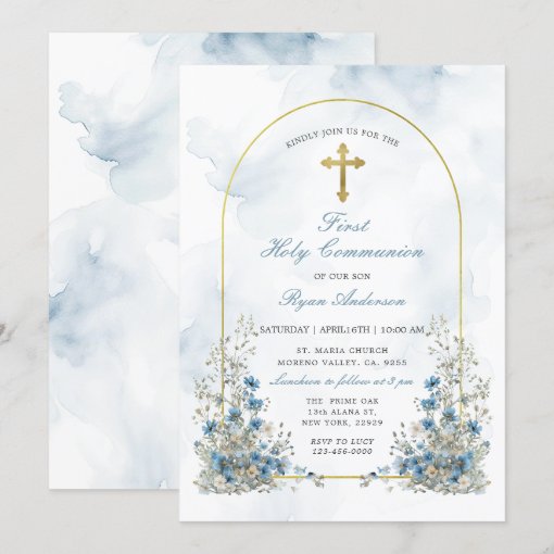 Dusty Blue Wildflower First Holy Communion Invitation | Zazzle