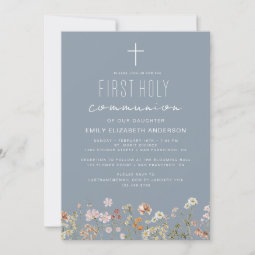 Dusty Blue Wildflower First Holy Communion Invitation | Zazzle