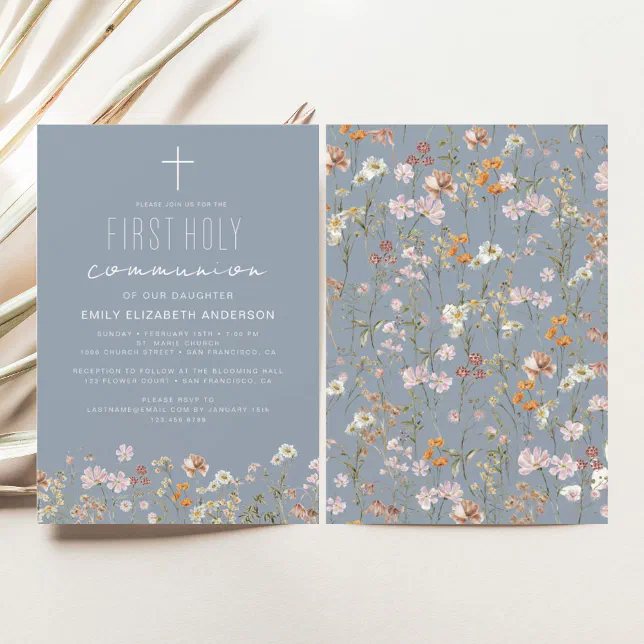 Dusty Blue Wildflower First Holy Communion Invitation | Zazzle