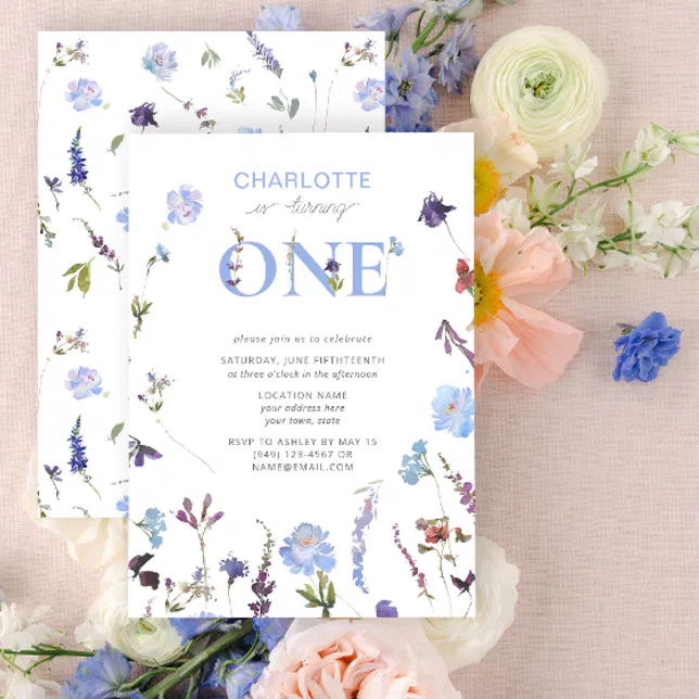 Dusty Blue Wildflower Turning One 1st Birthday Invitation | Zazzle