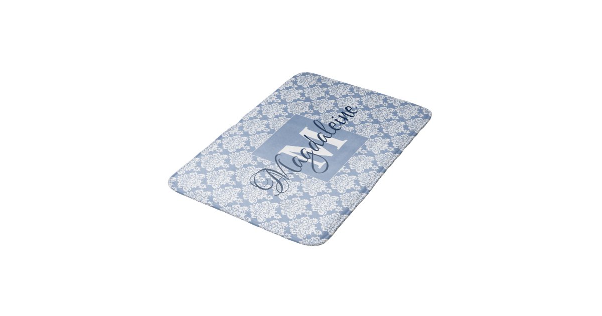 Dusty Blue with Lace Damask Monogram & Name Bath Mat | Zazzle