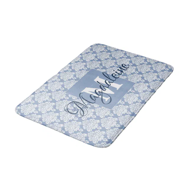 Dusty Blue with Lace Damask Monogram & Name Bath Mat | Zazzle
