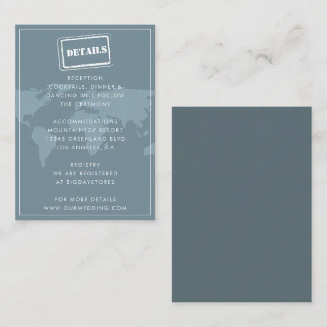 Dusty Blue World Map Destination Wedding Details Enclosure Card | Zazzle