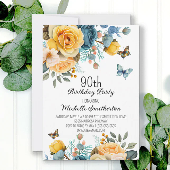 Dusty Blue Yellow Floral Butterflies 90th Birthday Invitation | Zazzle