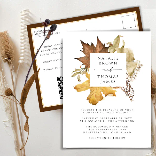 Dusty Brown Autumn Leaves QR Code Fall Wedding Invitation Postcard | Zazzle