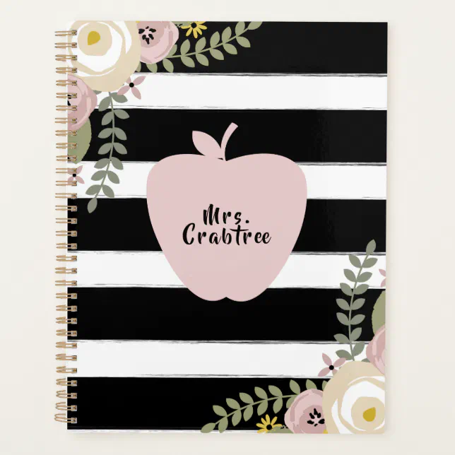 Dusty Floral Apple Black + White Stripe Teacher Planner | Zazzle