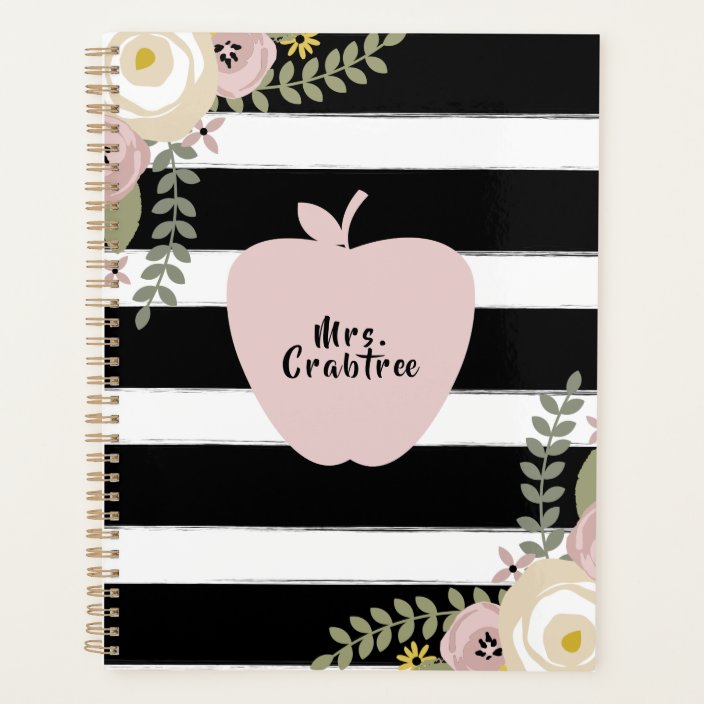 Dusty Floral Apple Black + White Stripe Teacher Planner | Zazzle.com