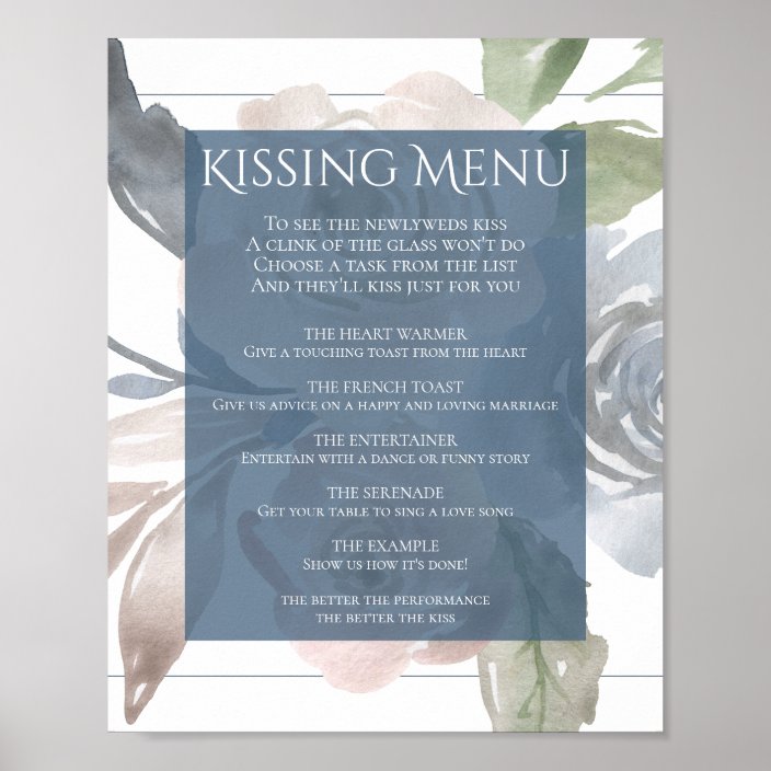 Dusty Floral | Smoky Blue Pastel Kissing Menu Poster | Zazzle.com
