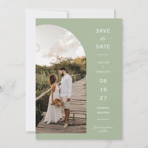 Dusty Green Boho Arch Photo QR Code Save the Date Invitation | Zazzle