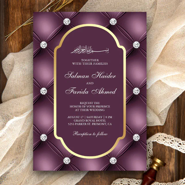 Dusty Mauve Purple Tufted Diamonds Muslim Wedding Invitation | Zazzle