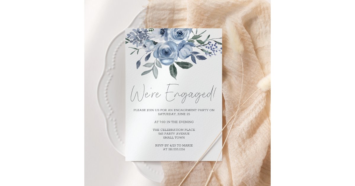 Dusty Pastel Blue Flowers Engagement Party Invitation | Zazzle