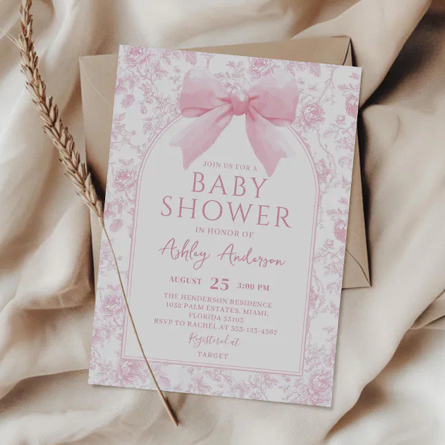 Dusty Pink Bow Floral Toile Baby Shower Invitation | Zazzle