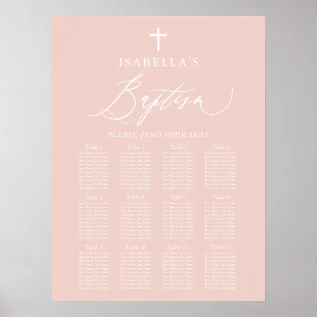 Dusty Pink Cross Girl Baptism Seating Chart Sign | Zazzle