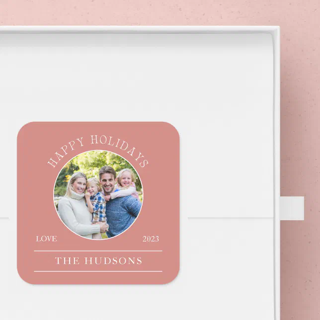 Dusty Pink Happy Holidays Circle Photo Square Sticker | Zazzle