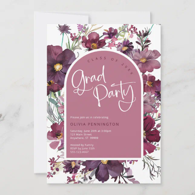 Dusty Pink Mauve Wildflowers Grad Party Invitation | Zazzle