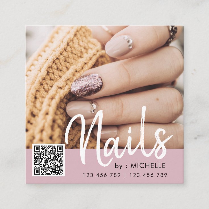 Dusty Pink QR code nails photo business cards | Zazzle
