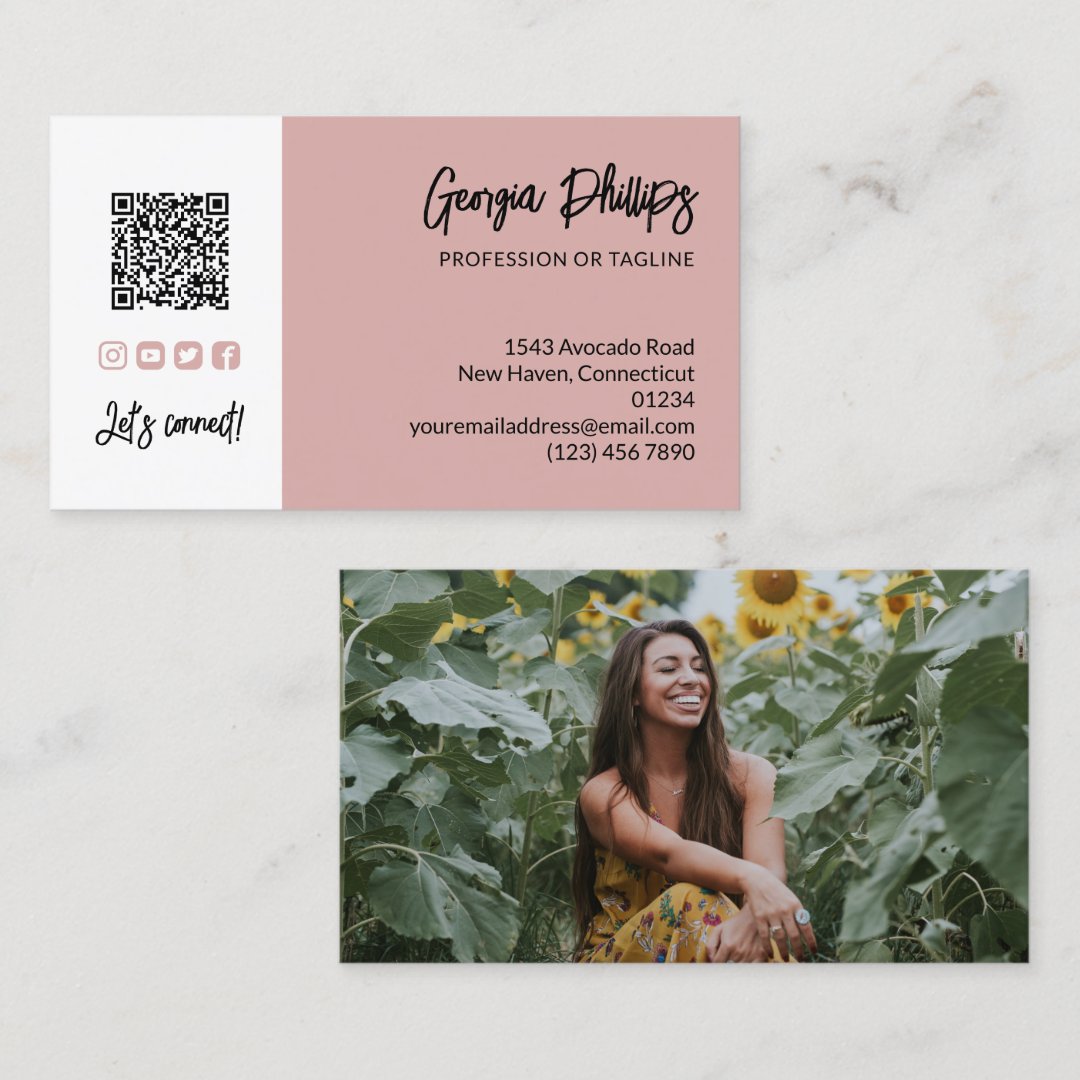 Dusty Pink QR Code Photo Social Media Icons Business Card | Zazzle