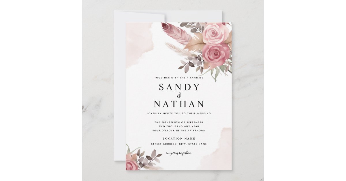 Dusty Pink Rose Boho Flowers Wedding Invitation | Zazzle