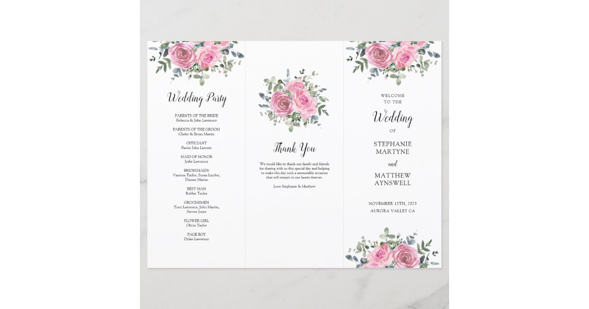 Dusty Pink Rose Eucalyptus Order of Service | Zazzle