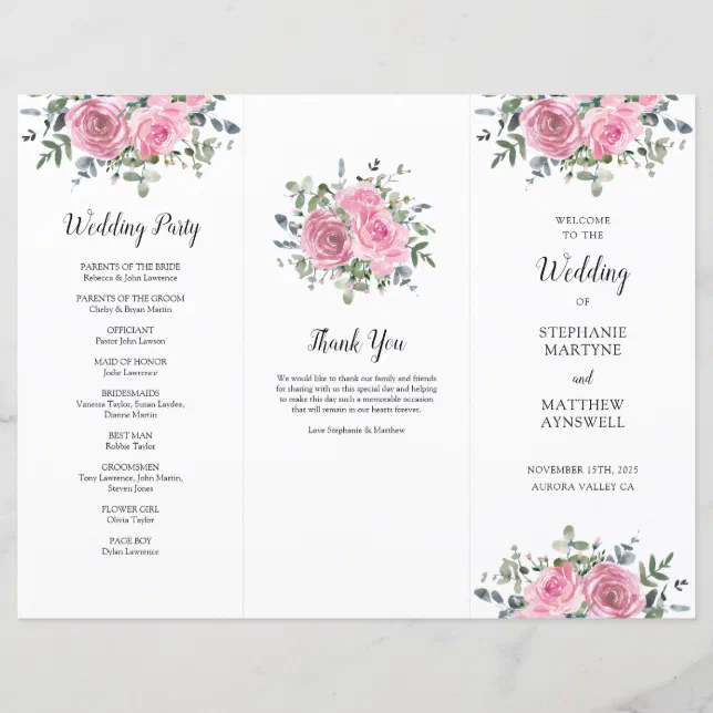 Dusty Pink Rose Eucalyptus Order of Service | Zazzle