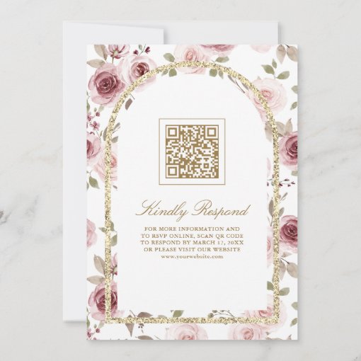 Dusty Pink Roses Gold Lace QR Code Muslim Wedding Invitation | Zazzle