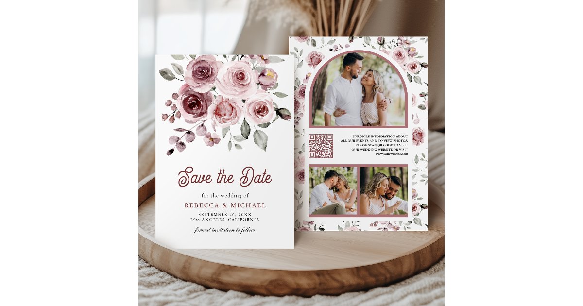 Dusty Pink Roses Photo QR Code Wedding Save The Date | Zazzle