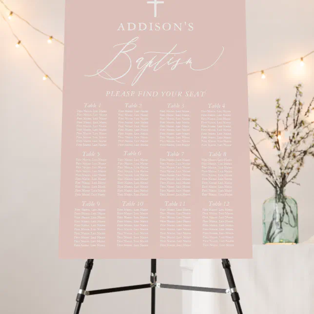 Dusty Pink White Cross Girl Baptism Seating Chart Foam Board | Zazzle