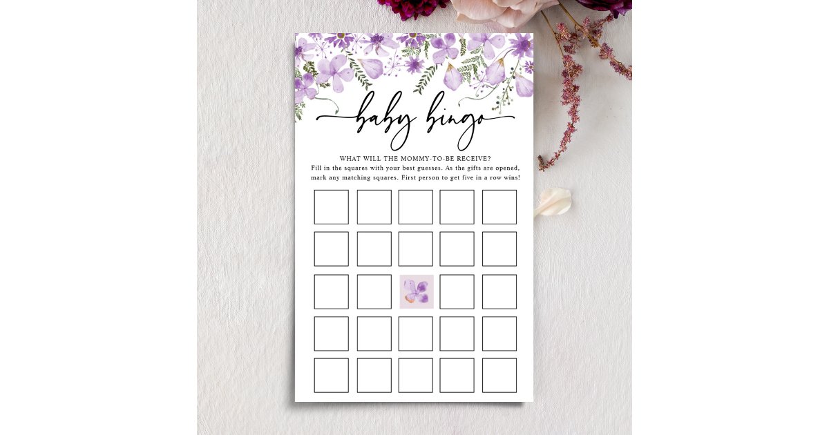 Dusty Purple Florals Baby Bingo Baby Shower Game | Zazzle
