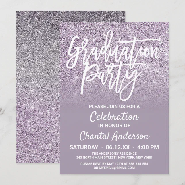Dusty Purple Gray Faux Glitter Ombre Graduation Invitation | Zazzle