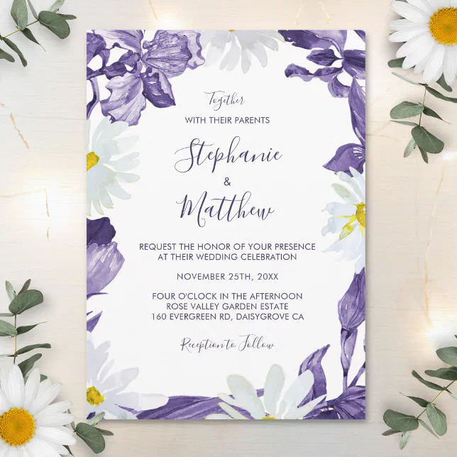 Dusty Purple Iris White Daisy Botanical Wedding Invitation | Zazzle