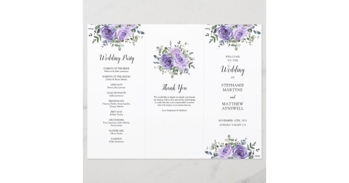 Dusty Purple Rose Eucalyptus Order of Service | Zazzle