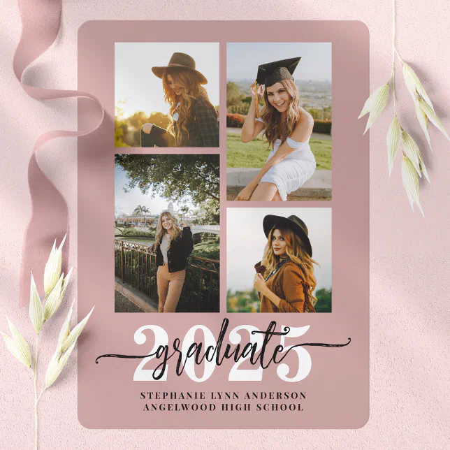 Dusty Rose 4 Photo Collage Grad Announcement | Zazzle