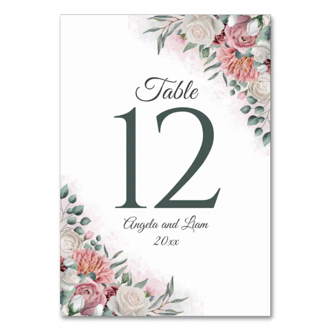 Dusty Rose Boho Floral with Greenery Table Number | Zazzle