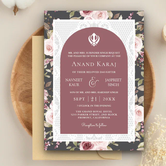 Dusty Rose Floral Anand Karaj Punjabi Sikh Wedding Invitation | Zazzle
