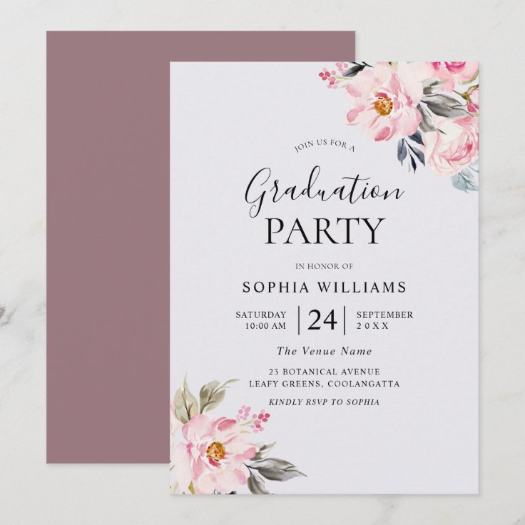 Dusty Rose Floral Blush Pink Graduation Party Invitation | Zazzle