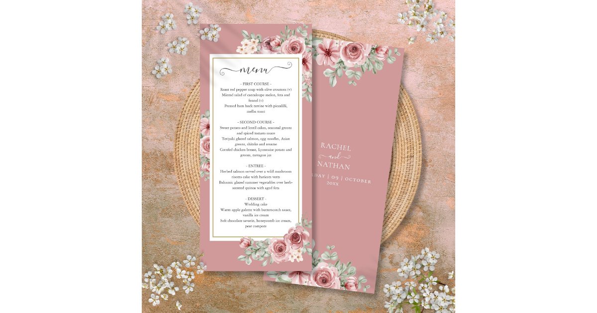 Dusty Rose Floral Botanical Wedding Dinner Menu | Zazzle