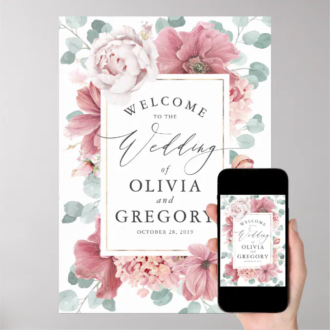 Dusty Rose Floral Elegant Greenery Wedding Welcome Poster | Zazzle