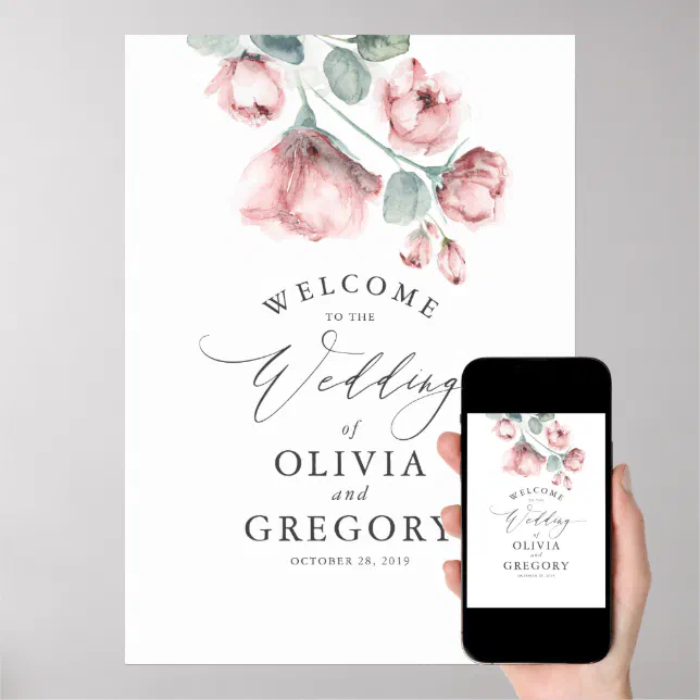 Dusty Rose Floral Elegant Wedding Welcome Poster | Zazzle