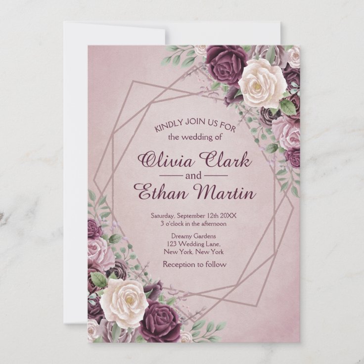 Dusty Rose Floral Geometric Invitation | Zazzle