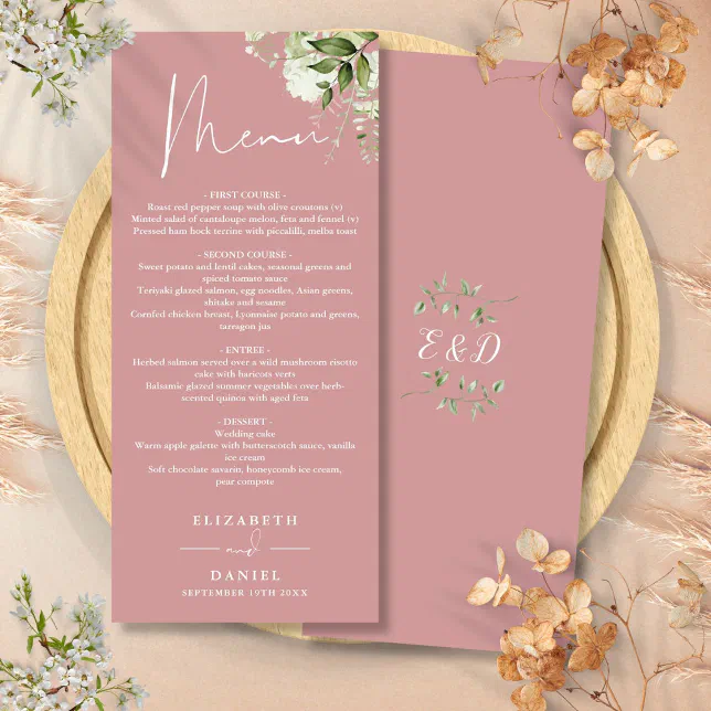 Dusty Rose Floral Greenery Monogram Wedding Dinner Menu | Zazzle
